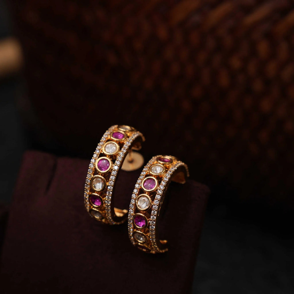 Mahima Polki Half Hoop Earrings - Reddish Pink