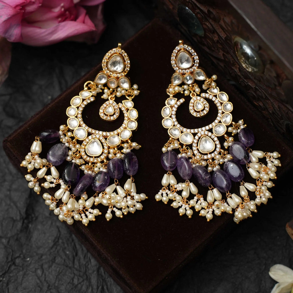 Anwika Polki Chandbali Earrings - Purple